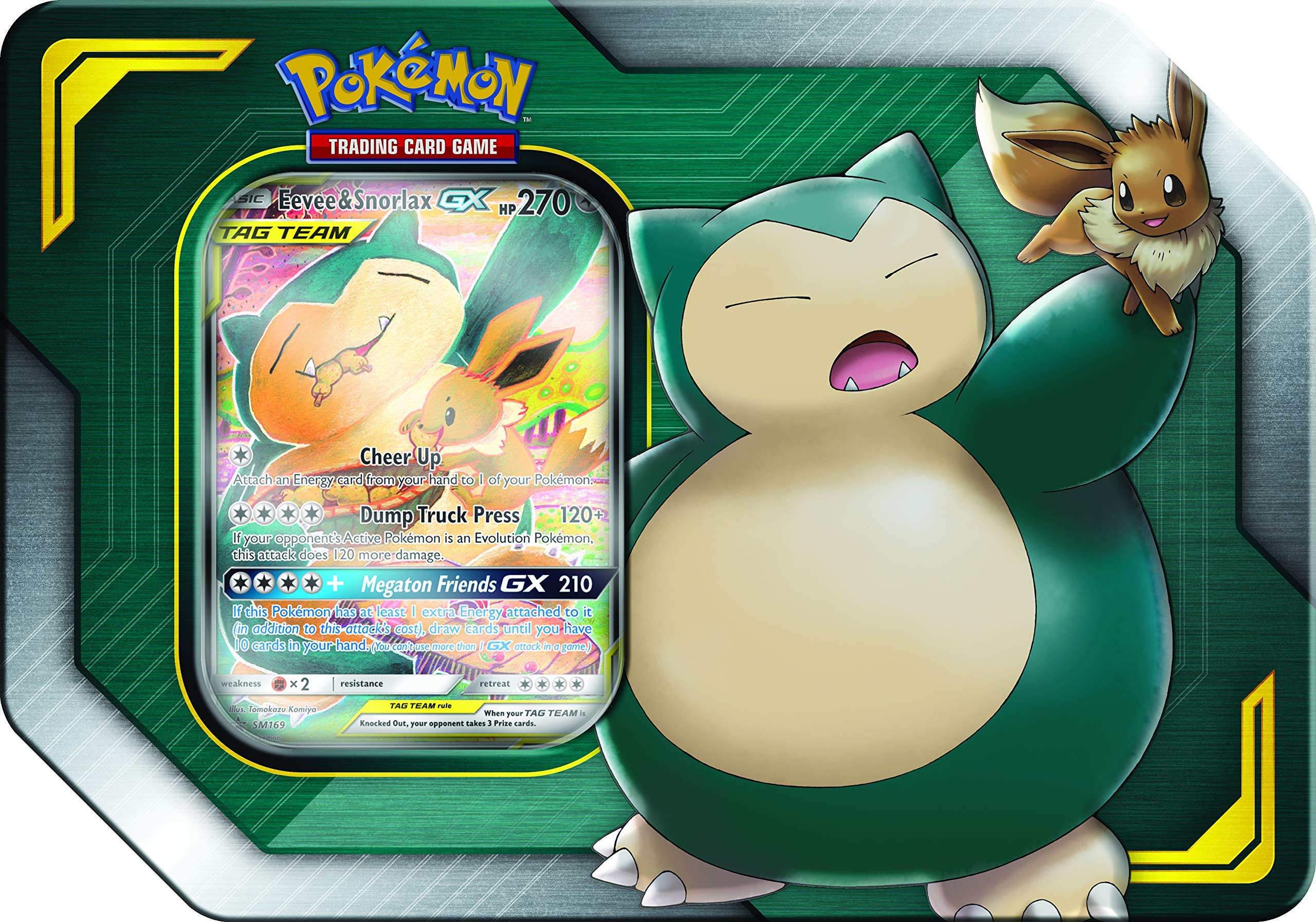 Pokemon Tag Team Tin Snorlax-GX & Eevee- TCG: Sun & Moon Box- 4 Booster Packs | 1 Special Eevee & Snorlax-GX Foil Card | Genuine Cards