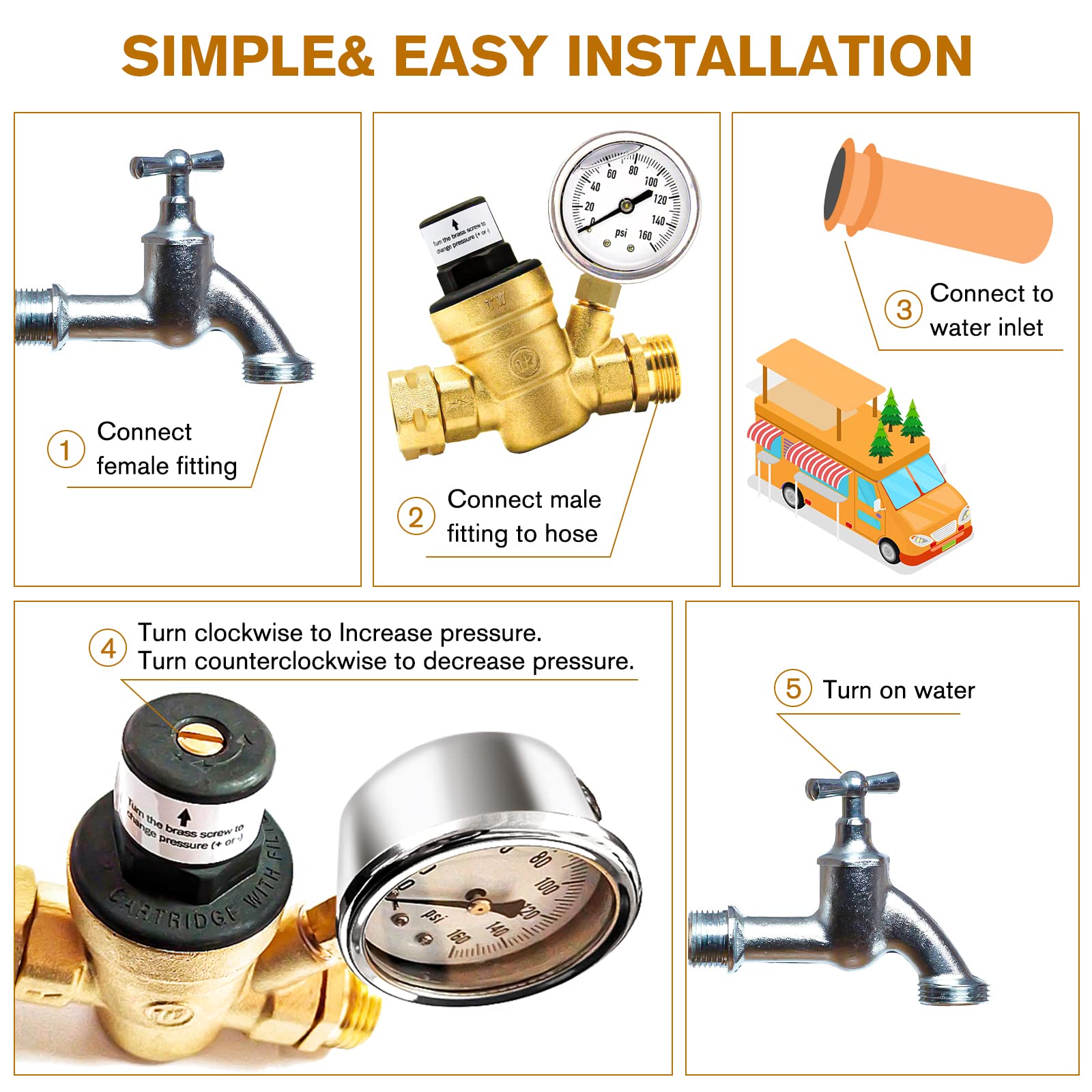 Twinkle Star RV Water Pressure Regulator Valve with Gauge and Inlet Screened Filter for Camper Travel Trailer