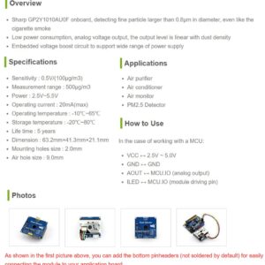 Waveshare Dust Sensor Detector Module with Sharp GP2Y1010AU0F Onboard for Measuring PM2.5 Air Purifier Air Conditioner Monitor