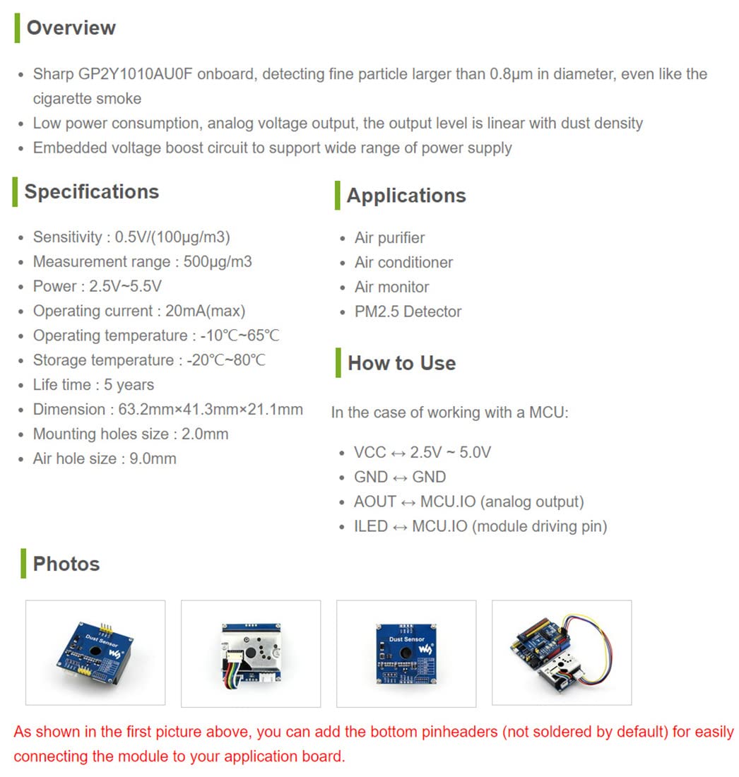 Waveshare Dust Sensor Detector Module with Sharp GP2Y1010AU0F Onboard for Measuring PM2.5 Air Purifier Air Conditioner Monitor