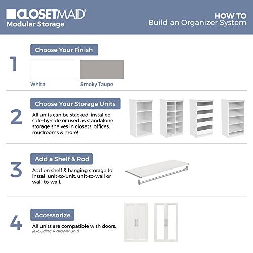 ClosetMaid Modular Storage Unit with 4 Drawers, Wood Closet Organizer, Stacking, Full Backer, Storage, Decorative Trim, White