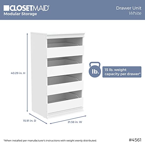 ClosetMaid Modular Storage Unit with 4 Drawers, Wood Closet Organizer, Stacking, Full Backer, Storage, Decorative Trim, White