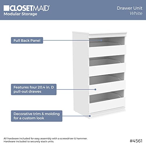 ClosetMaid Modular Storage Unit with 4 Drawers, Wood Closet Organizer, Stacking, Full Backer, Storage, Decorative Trim, White