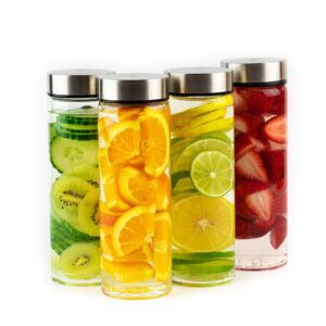 juice bottles - 4 pack wide mouth glass bottles with lids - for juicing, smoothies, infused water, beverage storage - 16oz, bpa free, stainless steel lids, leakproof, reusable, borosilicate