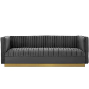 Modway Sanguine Vintage Glamour Channel Tufted Performance Velvet Upholstered Sofa in Gray