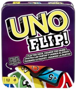 mattel games uno flip! card game for kids, adults & family night with double-sided cards in collectible storage tin (amazon exclusive)