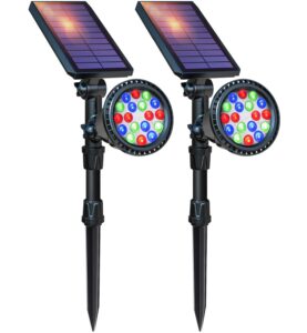 dbf color changing solar spotlight, 600lm bright color solar spot lights outdoor, 2-in-1 solar landscape lights waterproof christmas decorative flood lighting for garden yard tree house, 2 pack