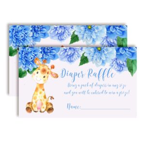 amanda creation watercolor dahlia floral giraffe diaper raffle tickets for boy baby showers, 20 2" x 3” double sided insert cards for games, bring a pack of diapers to win favors & prizes!