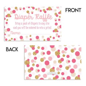 Polka Dot Pink & Gold Themed Diaper Raffle Tickets for Girl Baby Showers, 20 2" X 3” Double Sided Insert Cards for Games by AmandaCreation, Bring a Pack of Diapers to Win Favors & Prizes!