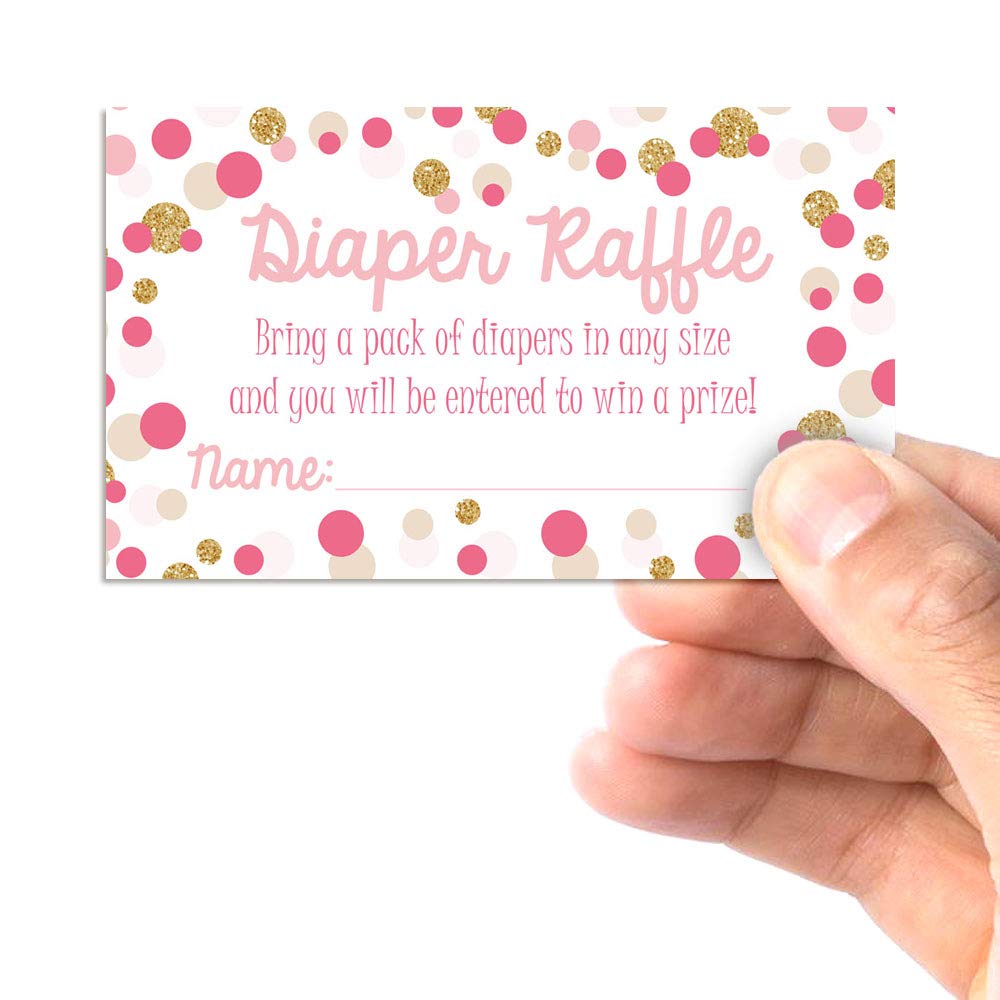 Polka Dot Pink & Gold Themed Diaper Raffle Tickets for Girl Baby Showers, 20 2" X 3” Double Sided Insert Cards for Games by AmandaCreation, Bring a Pack of Diapers to Win Favors & Prizes!