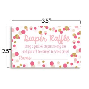 Polka Dot Pink & Gold Themed Diaper Raffle Tickets for Girl Baby Showers, 20 2" X 3” Double Sided Insert Cards for Games by AmandaCreation, Bring a Pack of Diapers to Win Favors & Prizes!