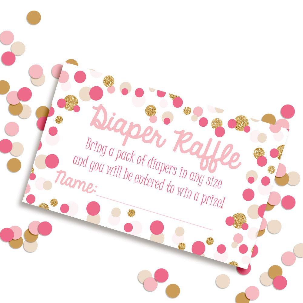 Polka Dot Pink & Gold Themed Diaper Raffle Tickets for Girl Baby Showers, 20 2" X 3” Double Sided Insert Cards for Games by AmandaCreation, Bring a Pack of Diapers to Win Favors & Prizes!