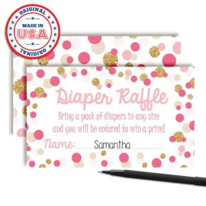 Polka Dot Pink & Gold Themed Diaper Raffle Tickets for Girl Baby Showers, 20 2" X 3” Double Sided Insert Cards for Games by AmandaCreation, Bring a Pack of Diapers to Win Favors & Prizes!