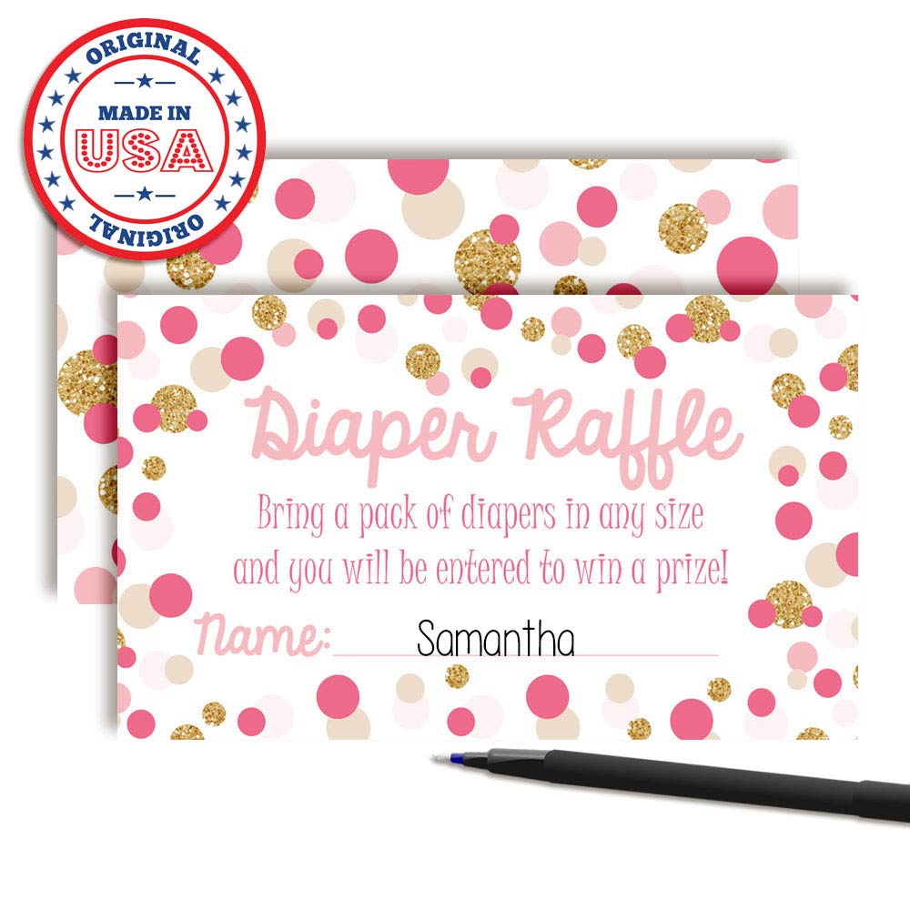 Polka Dot Pink & Gold Themed Diaper Raffle Tickets for Girl Baby Showers, 20 2" X 3” Double Sided Insert Cards for Games by AmandaCreation, Bring a Pack of Diapers to Win Favors & Prizes!