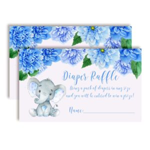 amanda creation watercolor dahlia floral elephant diaper raffle tickets for boy baby showers, 20 2" x 3” double sided inserts, bring a pack of diapers to win favors & prizes!