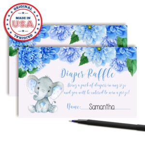 Amanda Creation Watercolor Dahlia Floral Elephant Diaper Raffle Tickets for Boy Baby Showers, 20 2" X 3” Double Sided Inserts, Bring a Pack of Diapers to Win Favors & Prizes!