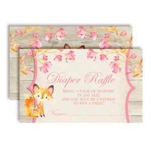 amanda creation watercolor floral woodland fox-themed diaper raffle tickets for girl baby showers, 20 2" x 3” double sided inserts, bring a pack of diapers to win favors & prizes!