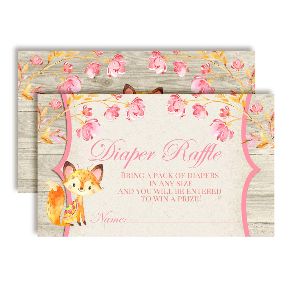 Amanda Creation Watercolor Floral Woodland Fox-Themed Diaper Raffle Tickets for Girl Baby Showers, 20 2" X 3” Double Sided Inserts, Bring a Pack of Diapers to Win Favors & Prizes!