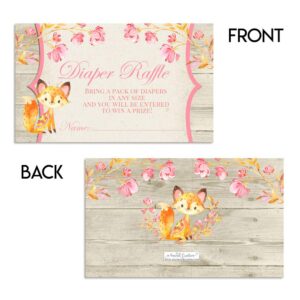 Amanda Creation Watercolor Floral Woodland Fox-Themed Diaper Raffle Tickets for Girl Baby Showers, 20 2" X 3” Double Sided Inserts, Bring a Pack of Diapers to Win Favors & Prizes!