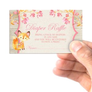 Amanda Creation Watercolor Floral Woodland Fox-Themed Diaper Raffle Tickets for Girl Baby Showers, 20 2" X 3” Double Sided Inserts, Bring a Pack of Diapers to Win Favors & Prizes!