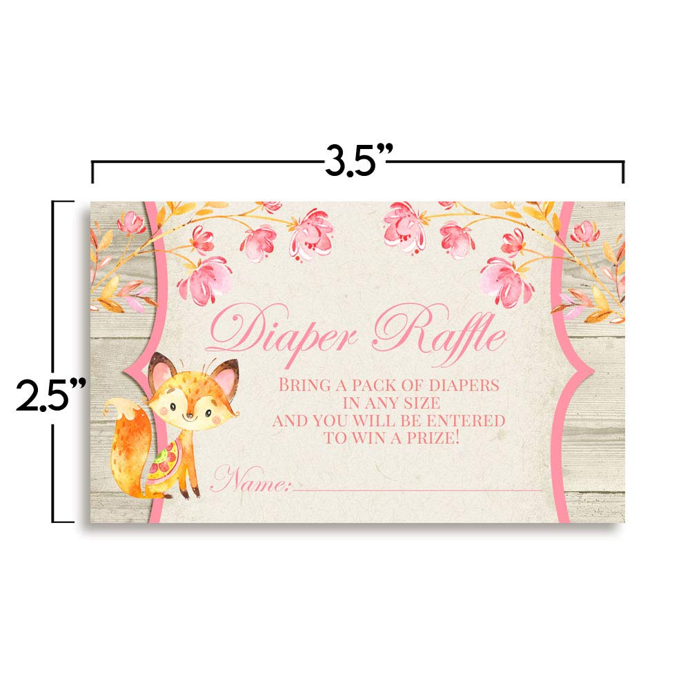 Amanda Creation Watercolor Floral Woodland Fox-Themed Diaper Raffle Tickets for Girl Baby Showers, 20 2" X 3” Double Sided Inserts, Bring a Pack of Diapers to Win Favors & Prizes!