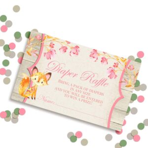 Amanda Creation Watercolor Floral Woodland Fox-Themed Diaper Raffle Tickets for Girl Baby Showers, 20 2" X 3” Double Sided Inserts, Bring a Pack of Diapers to Win Favors & Prizes!