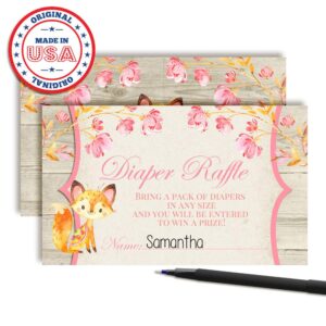 Amanda Creation Watercolor Floral Woodland Fox-Themed Diaper Raffle Tickets for Girl Baby Showers, 20 2" X 3” Double Sided Inserts, Bring a Pack of Diapers to Win Favors & Prizes!