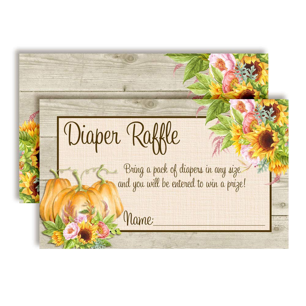 Amanda Creation Watercolor Sunflower & Peony Floral with Pumpkins Fall Diaper Raffle Tickets for Baby Showers, 20 2" X 3” Double Sided Inserts, Bring a Pack of Diapers to Win