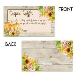 Amanda Creation Watercolor Sunflower & Peony Floral with Pumpkins Fall Diaper Raffle Tickets for Baby Showers, 20 2" X 3” Double Sided Inserts, Bring a Pack of Diapers to Win