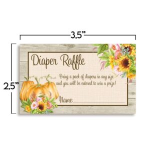 Amanda Creation Watercolor Sunflower & Peony Floral with Pumpkins Fall Diaper Raffle Tickets for Baby Showers, 20 2" X 3” Double Sided Inserts, Bring a Pack of Diapers to Win