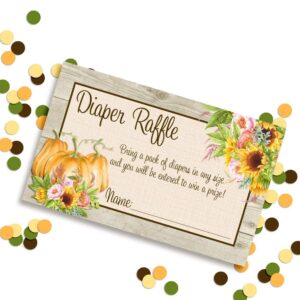 Amanda Creation Watercolor Sunflower & Peony Floral with Pumpkins Fall Diaper Raffle Tickets for Baby Showers, 20 2" X 3” Double Sided Inserts, Bring a Pack of Diapers to Win