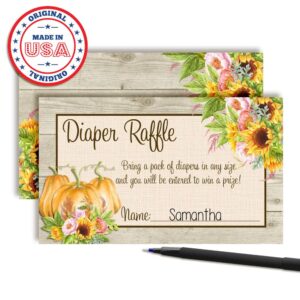 Amanda Creation Watercolor Sunflower & Peony Floral with Pumpkins Fall Diaper Raffle Tickets for Baby Showers, 20 2" X 3” Double Sided Inserts, Bring a Pack of Diapers to Win