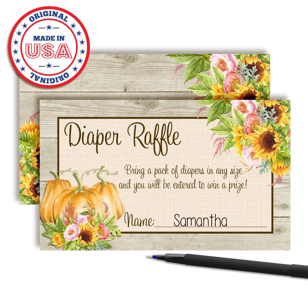 Amanda Creation Watercolor Sunflower & Peony Floral with Pumpkins Fall Diaper Raffle Tickets for Baby Showers, 20 2" X 3” Double Sided Inserts, Bring a Pack of Diapers to Win