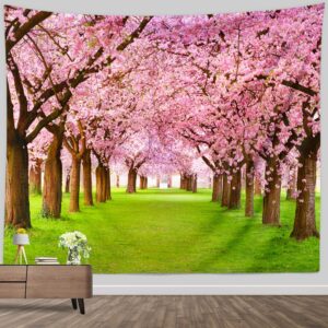 broshan pink flower tapestry wall hanging, nature floral bedroom tapestry small - cute cherry flowers trees garden scenic tapestries for living room home office dorm fabric wall art blanket