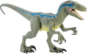 mattel jurassic world super colossal velociraptor blue dinosaur action figure toy, 3.5-ft long with eating feature (amazon exclusive)