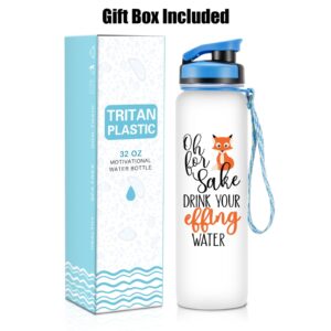 LEADO 32oz 1Liter Motivational Water Bottle with Time Marker - for Fox Sake Drink Your Effing Water - Funny Mothers Day, Birthday Gifts for Women Men Mom Daughter Sister Wife Friend Coworker