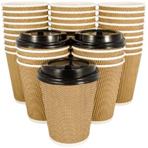 ozbsp 12 oz paper coffee cups with lids - 100 pack brown. insulated & sturdy, leak proof lids, ripple wall no sleeves needed, disposable coffee cups with lids for hot drinks. to go coffee cups