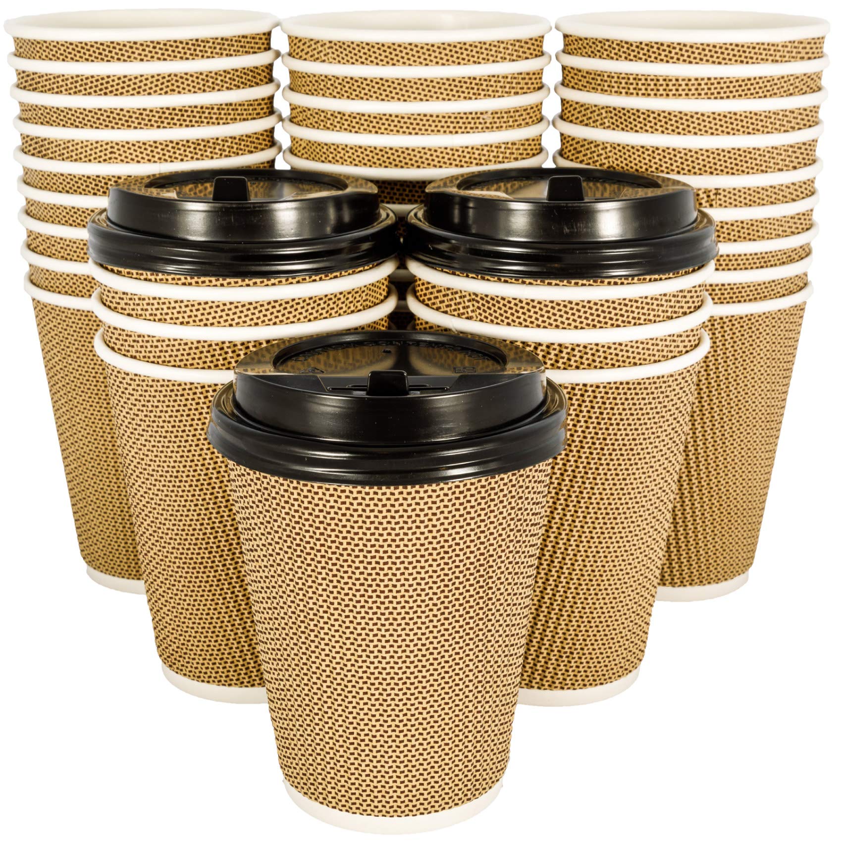 OzBSP 12 oz Paper Coffee Cups with Lids - 100 Pack BROWN. Insulated & Sturdy, Leak Proof Lids, Ripple Wall No Sleeves Needed, Disposable Coffee Cups with Lids for Hot Drinks. To Go Coffee Cups