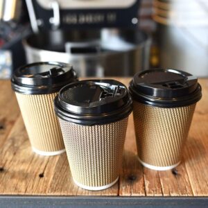 OzBSP 12 oz Paper Coffee Cups with Lids - 100 Pack BROWN. Insulated & Sturdy, Leak Proof Lids, Ripple Wall No Sleeves Needed, Disposable Coffee Cups with Lids for Hot Drinks. To Go Coffee Cups