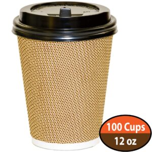 OzBSP 12 oz Paper Coffee Cups with Lids - 100 Pack BROWN. Insulated & Sturdy, Leak Proof Lids, Ripple Wall No Sleeves Needed, Disposable Coffee Cups with Lids for Hot Drinks. To Go Coffee Cups