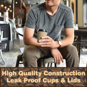 OzBSP 12 oz Paper Coffee Cups with Lids - 100 Pack BROWN. Insulated & Sturdy, Leak Proof Lids, Ripple Wall No Sleeves Needed, Disposable Coffee Cups with Lids for Hot Drinks. To Go Coffee Cups