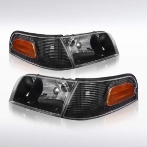 autozensation compatible with 1998-2011 ford crown victory black housing clear lens headlights + corner lights l + r pair headlamp