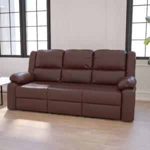 emma + oliver brown leathersoft sofa with two built-in recliners