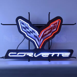 neonetics corvette c7 neon sign with backing, stingray 2014-present, red and white hand blown real glass tubes, measures 30 in wide by 20 in tall by 4 in deep – 5c7cor