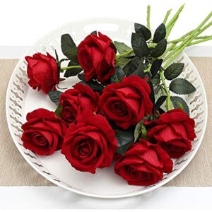 Sandweek Premium Artificial Flowers Real Looking Silk Rose Fake Flowers Home Decorations for Bridal Wedding Bouquet Birthday Bunch Hotel Party Garden Floral Decor-Red