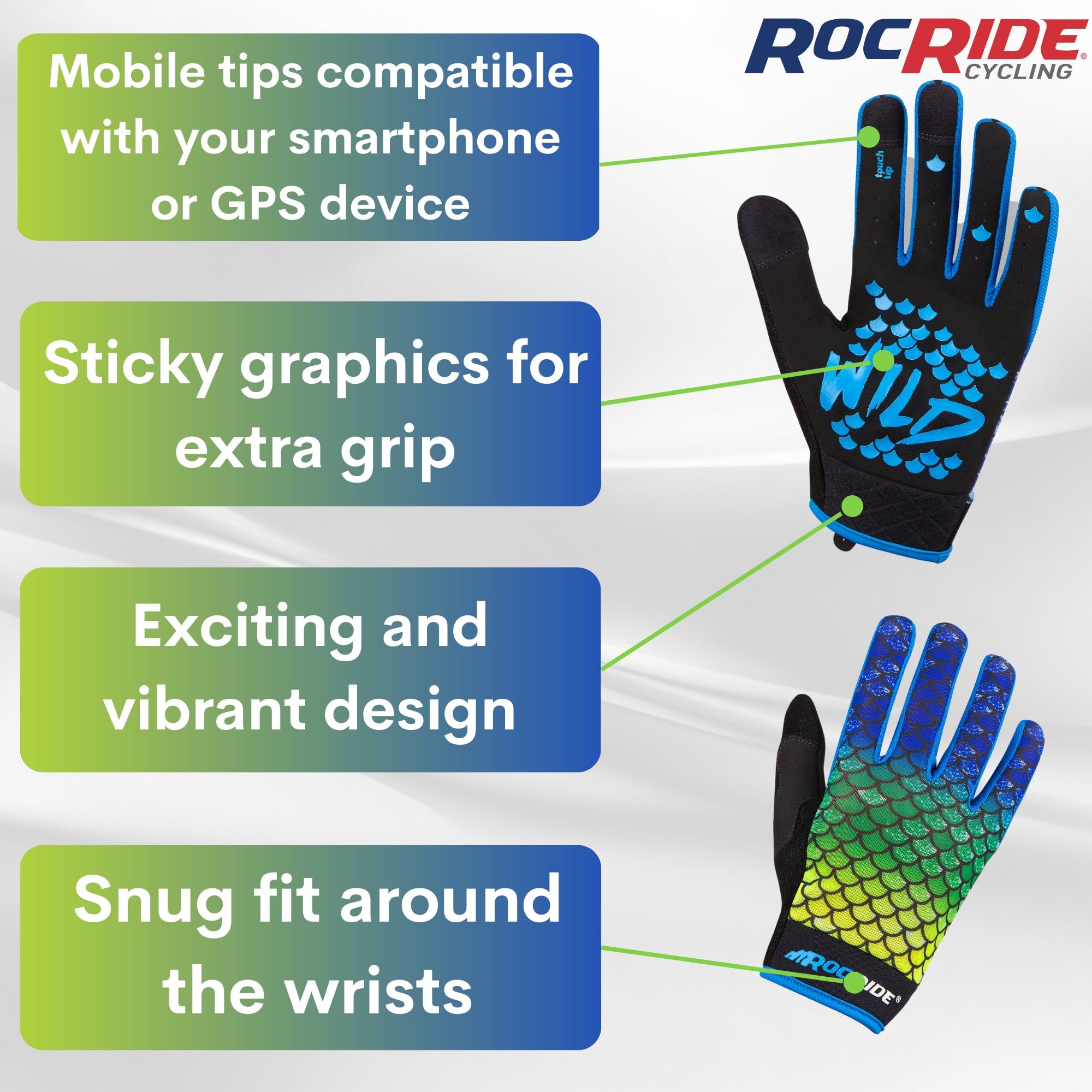 RocRide Animalz Full Finger Mens Cycling Gloves with Screen Compatible Tips. Mountain Biking, Road and BMX. Expressive Animal Print Designs.