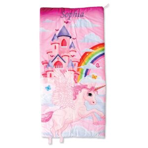 lillian vernon kids unicorn print personalized lightweight indoor sleeping bag, girls and boys bedding, pink, 30 x 60 inches