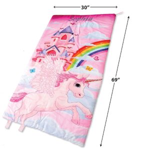 Lillian Vernon Kids Unicorn Print Personalized Lightweight Indoor Sleeping Bag, Girls and Boys Bedding, Pink, 30 x 60 inches