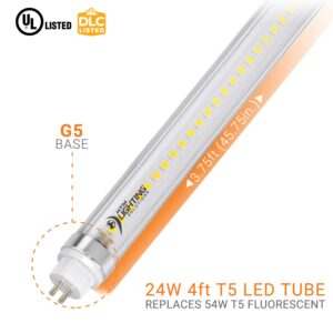 4ft 24W T5 High Output LED Tube Light, 45.75", F54T5 Equal, 5000K (Cool White), Clear Lens, 3500 lm, G5 Mini Base, 100-277V, Ballast Bypass, Dual-End Powered, LED Shop Light, UL-Listed (4-Pack)