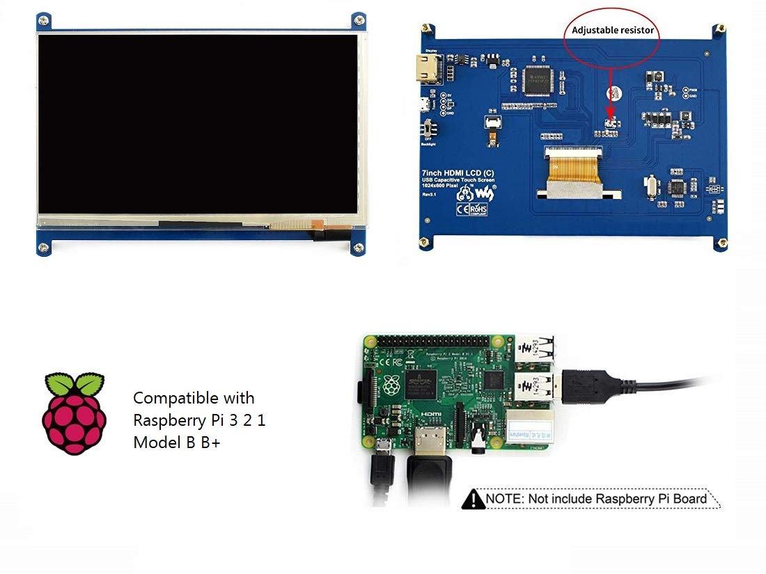 waveshare 7 inch IPS Capacitive Touch Screen Display 1024×600 Hardware Resolution HDMI LCD C Monitor with Bicolor Case for Raspberry Pi/BeagleBone Black/Banana Pi, Support Windows 10/8.1/8/7